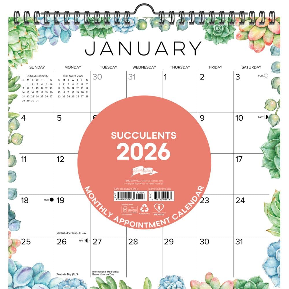 Succulents Spiral Art 2026 Wall Calendar - Calendars.com