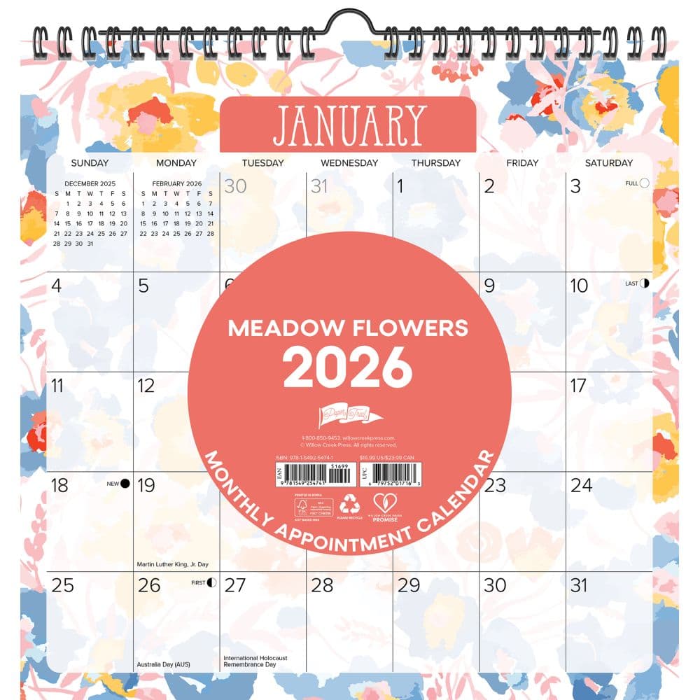 Meadow Flowers Spiral Art 2026 Wall Calendar - Calendars.com